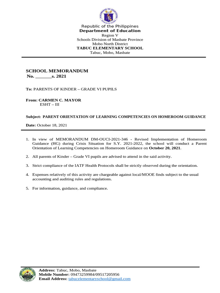 MEMO Homeroom Guidance PARENTS | PDF
