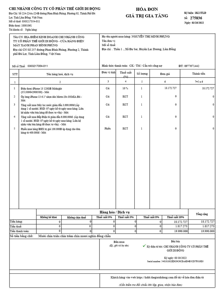 HÓA N Giá TR Gia T NG: Chi Nhánh Công Ty C PH NTH GI IDI NG | PDF