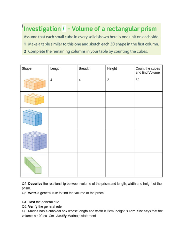 Investigation of Volume of Rectangular Prisms | PDF