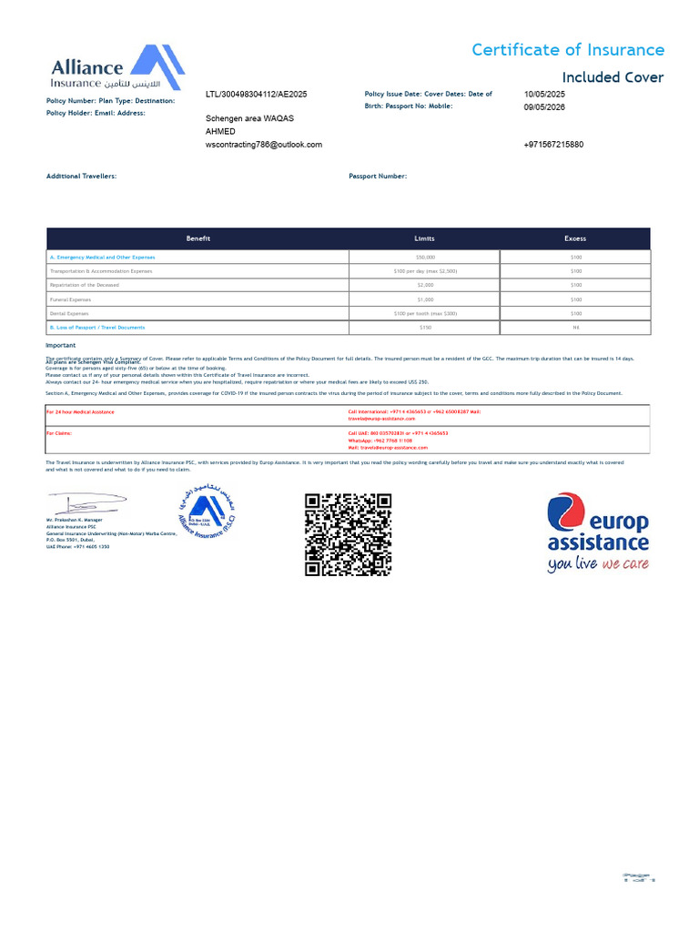 Travel Insurance Certificate for Schengen Visa | PDF | Insurance ...