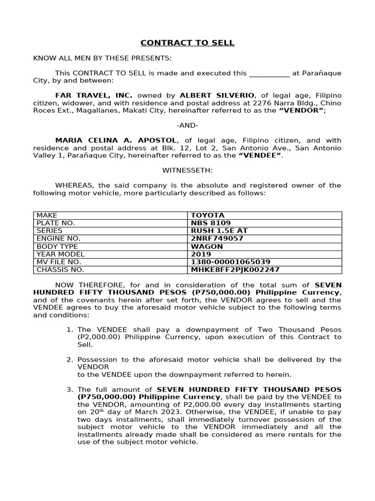 Contract To Sell Motor Vehicle | PDF | Private Law | Common Law