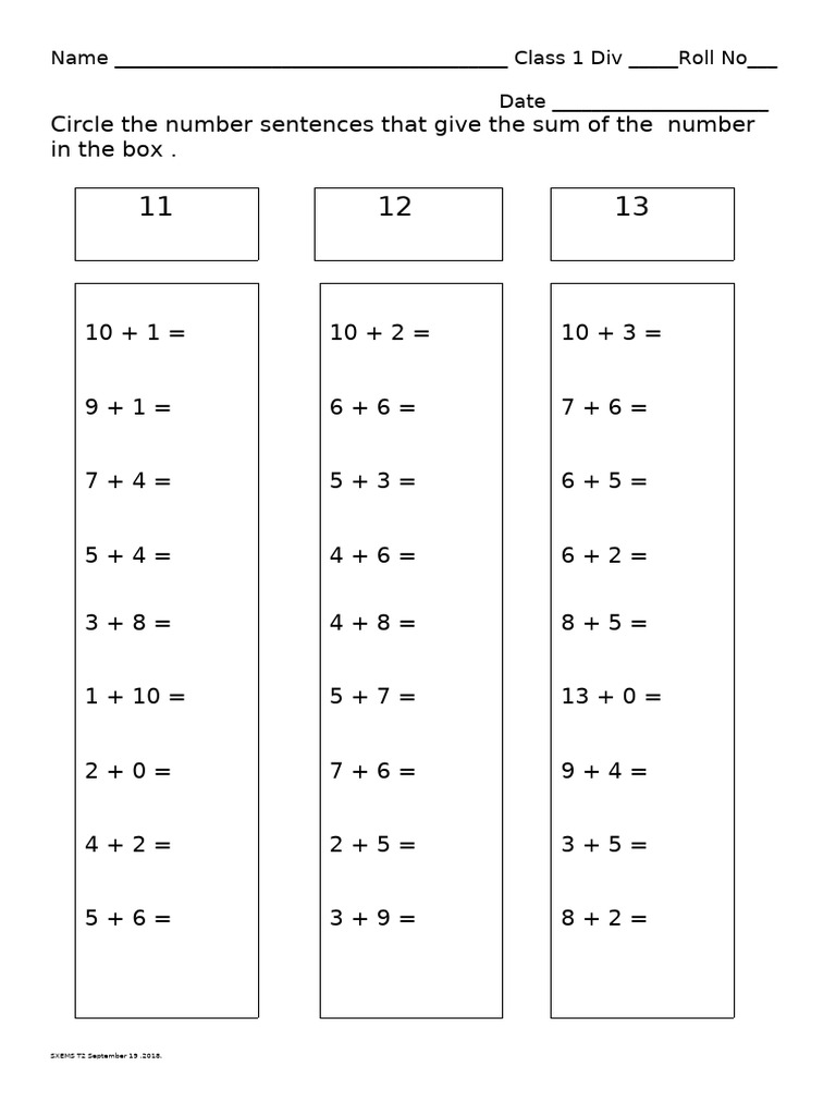Cl 1 - Maths Addition family of 11,12,13 SM | PDF
