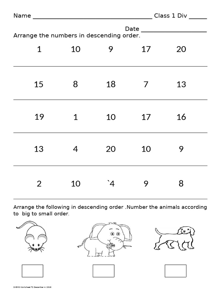 Descending Order Worksheet for Class 1 | PDF