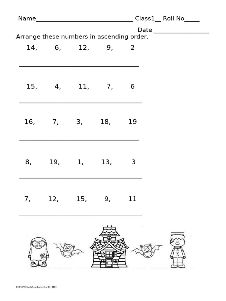 CL 1 Math Ascending Order Sept 2019-20 | PDF