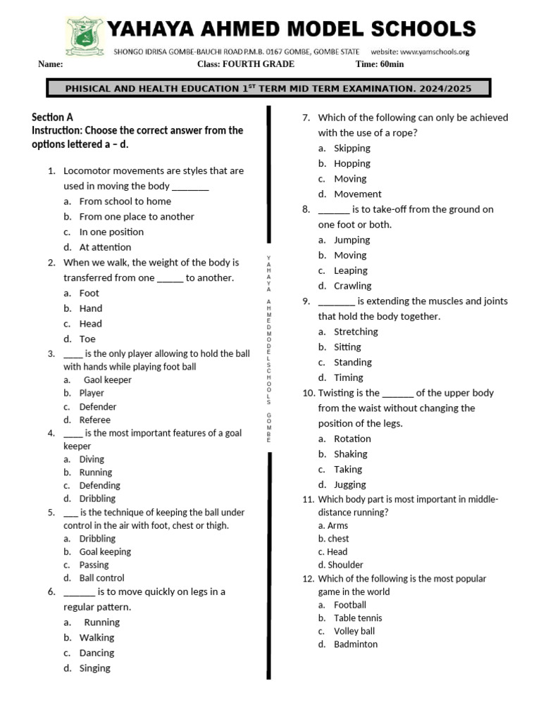 4TH GRADE PHE 1ST TERM Exam 2023-2024 | PDF | Running | Athletic Sports