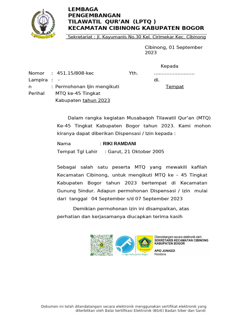 Permohonan DISPENSASI RIKI RAMDANI PDF | PDF