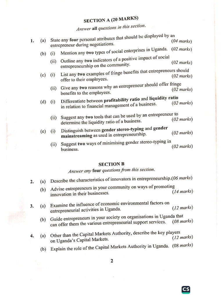 Entrepreneurship Past Paper 1 Uace 2024 | PDF