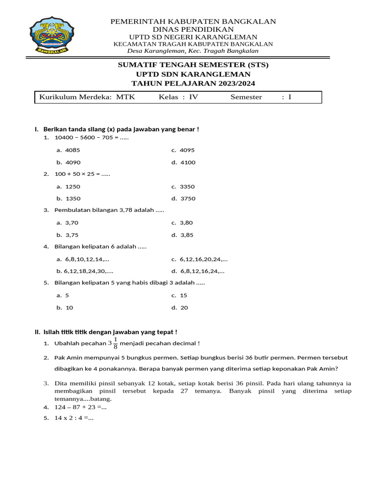 PTS MTK KLS 4 Ganjil | PDF
