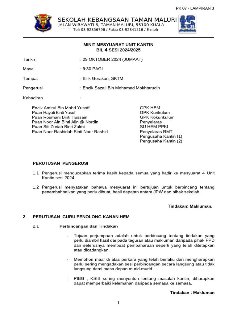 Minit Mesyuarat Unit Kantin 4 | PDF
