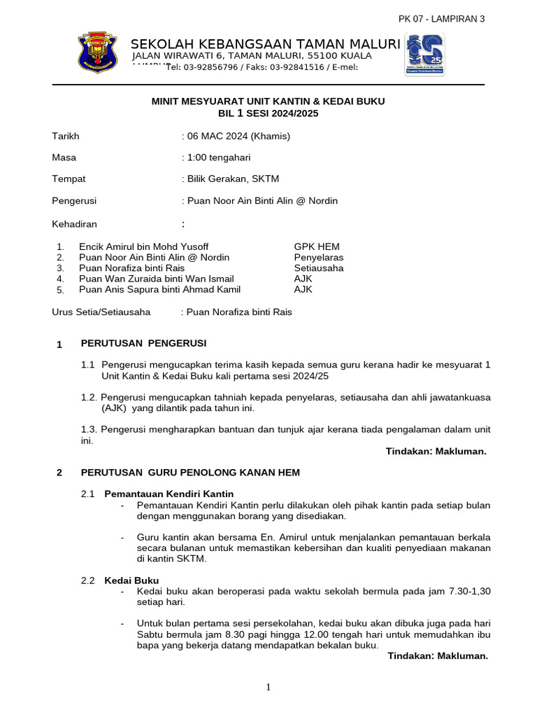 Minit Mesyuarat Unit Kantin &. Kedai Buku 1 2024 | PDF