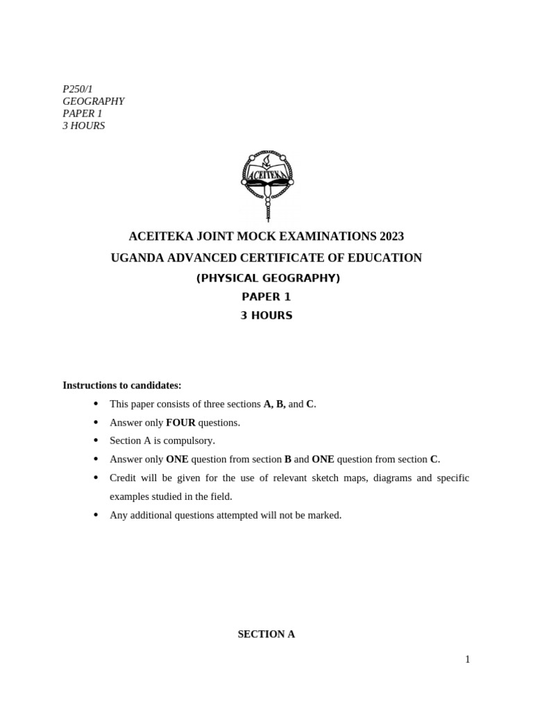 S6 Aceiteka 2023 Geography P1-1 | PDF | Geography | Geomorphology