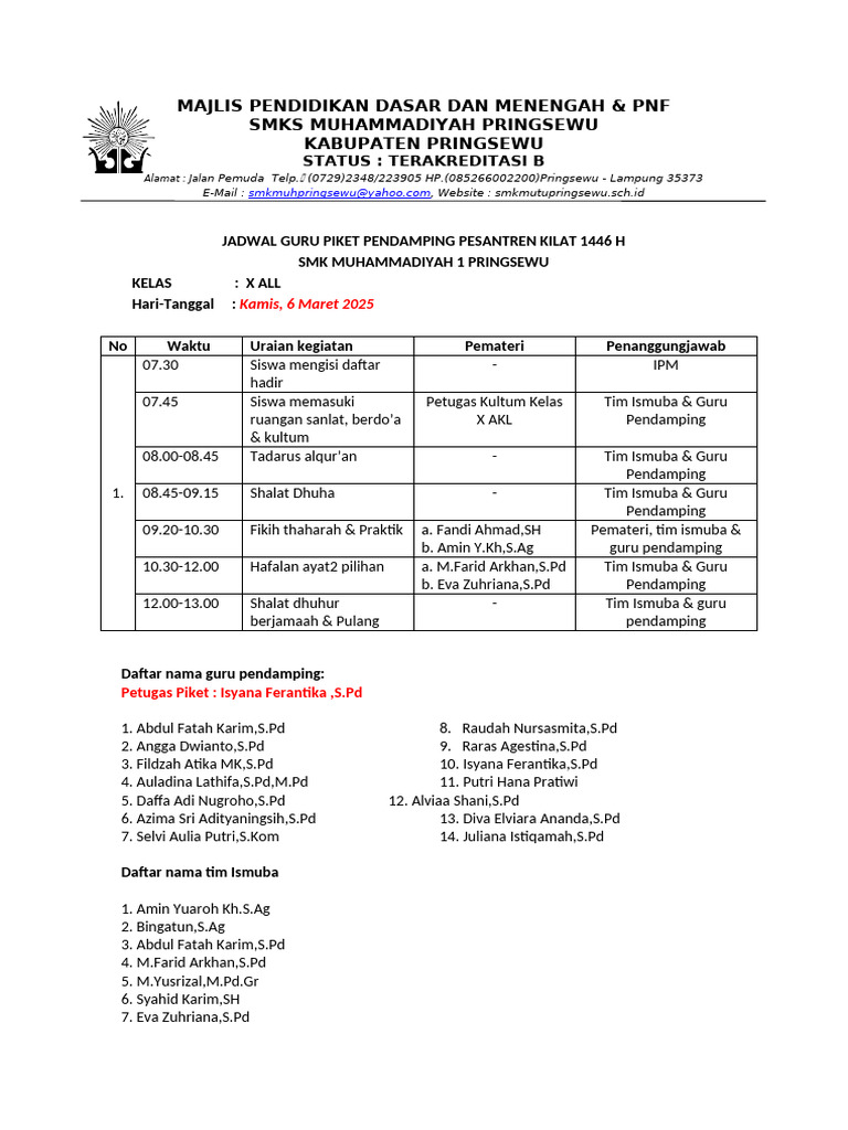 JADWAL GURU PIKET PENDAMPING PESANTREN KILAT 1446 H | PDF