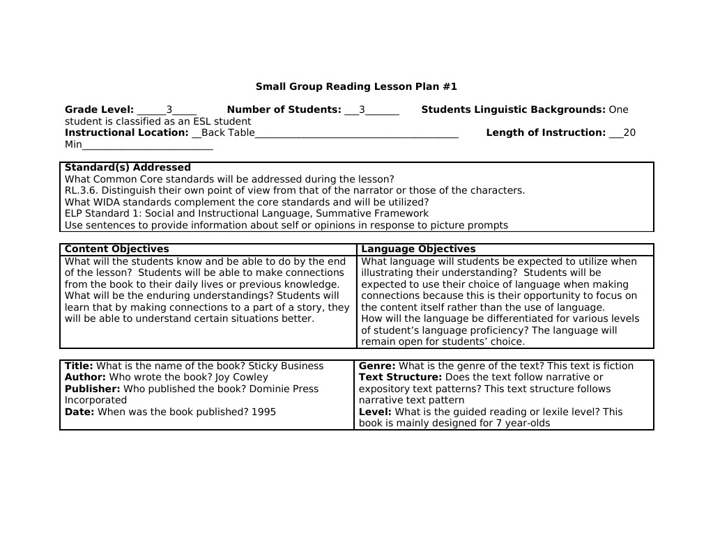 Small Group Reading Lesson Plans for 3rd Grade | PDF | Differentiated ...