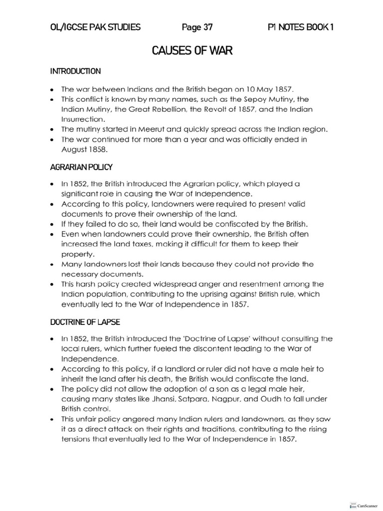 War of Independence Notes 2024-25 Mym | PDF