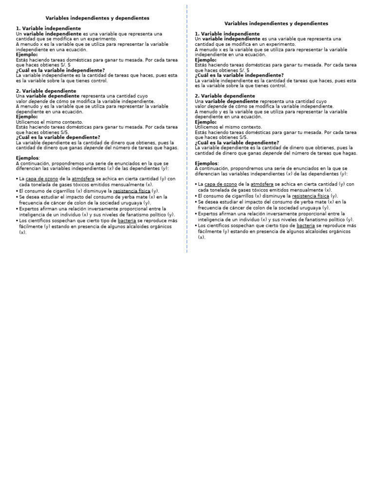 Variables Independientes Y Dependientes Pdf Variable Matemáticas