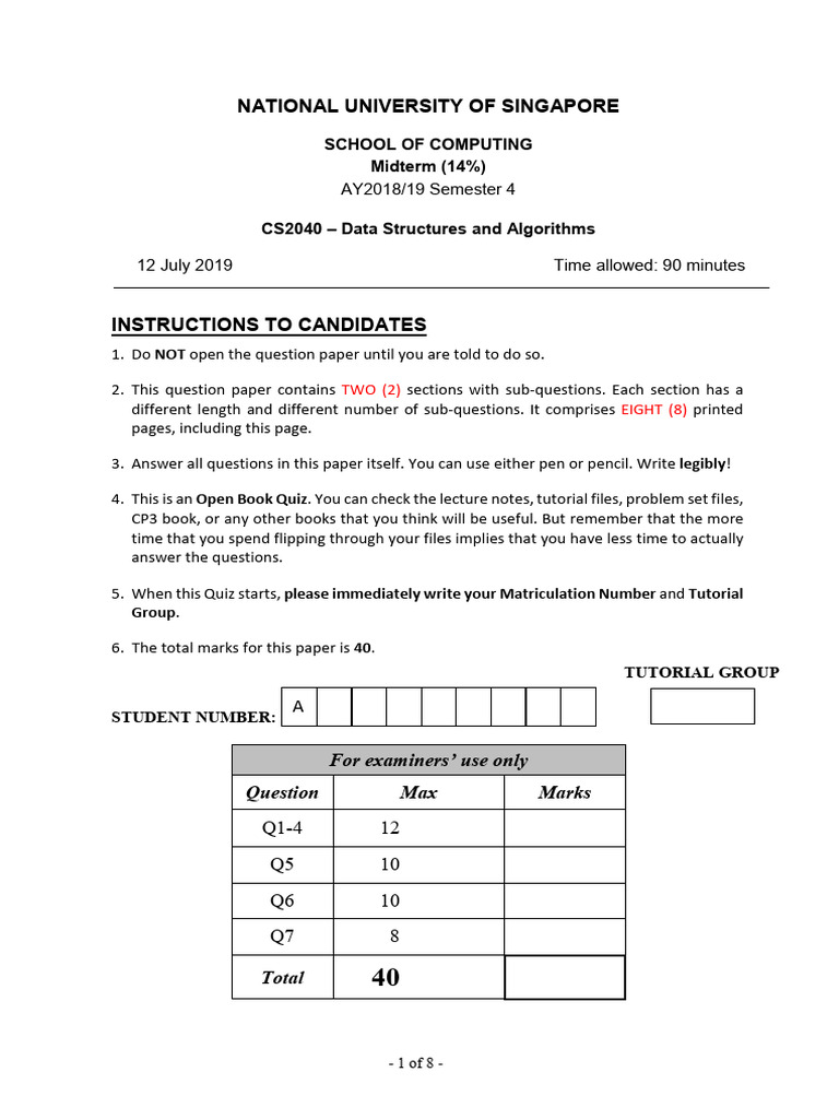 CS2040 1819SEM4 Midterm Sample Ans | PDF | Permutation | String (Computer Science)