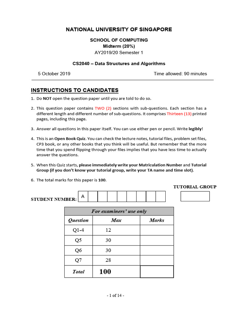 Cs2040 1920sem1 Midterm Sample Ans Pdf Boolean Data Type Computer Programming