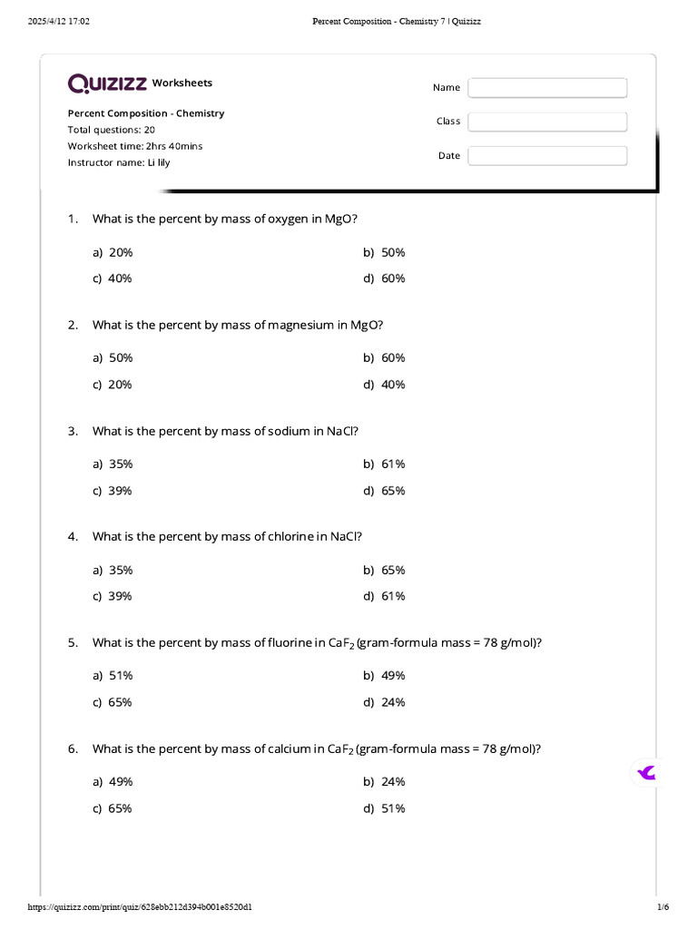 Percent Composition - Chemistry 6 - Key | PDF | Mole (Unit) | Physical ...