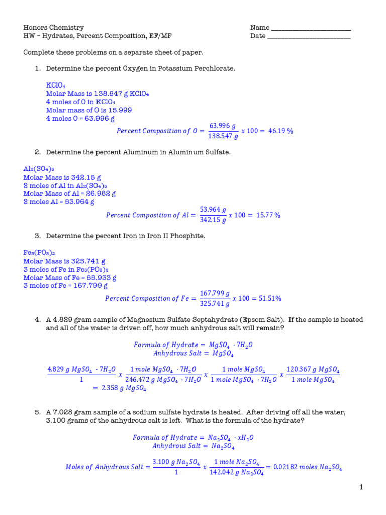 HW Hydrates Percent Composition EF MF Answers | PDF | Mole (Unit) | Gases