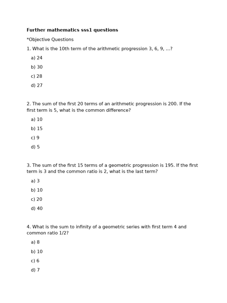 Further Maths ss1 Questions | PDF | Inequality (Mathematics) | Trigonometry
