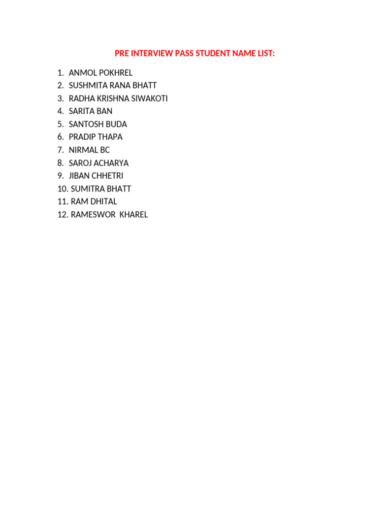 Pre Interview Pass Student Name List | PDF