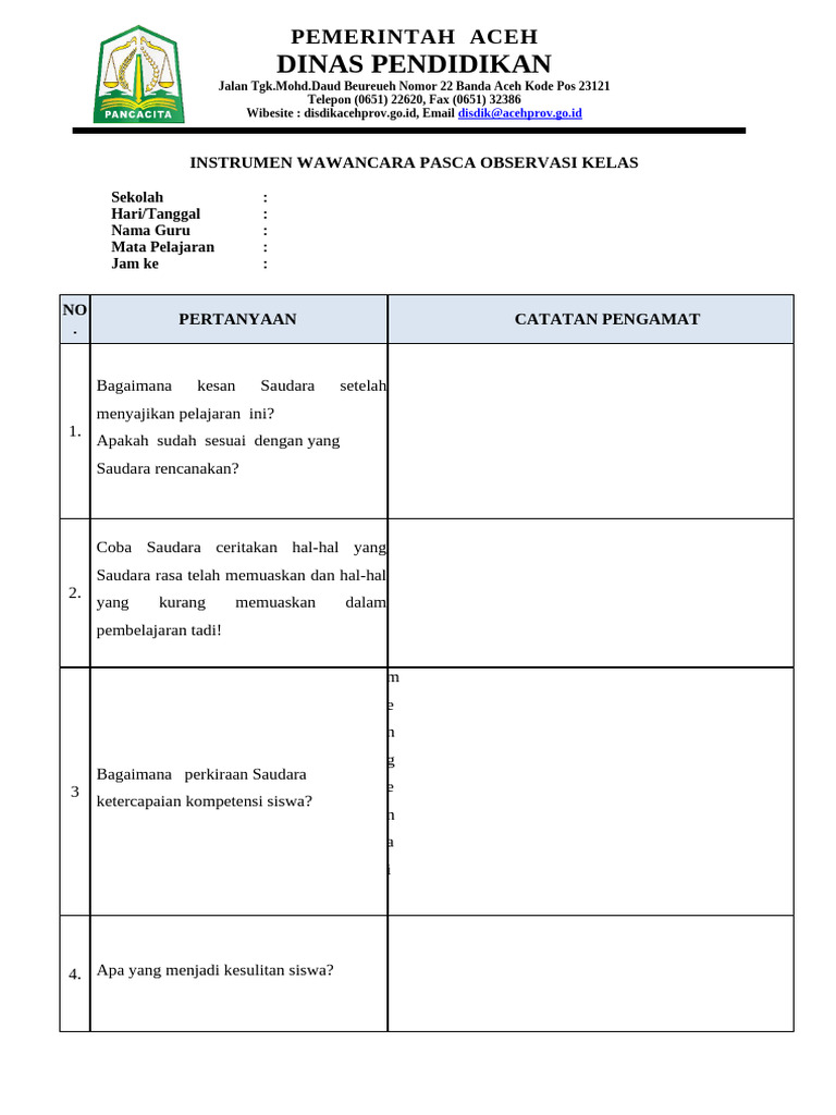 Instrumen Wawancara Pasca Observasi Kelas | PDF