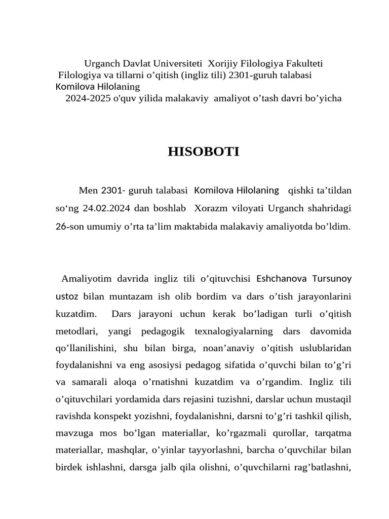 Hisobot Hilola | PDF