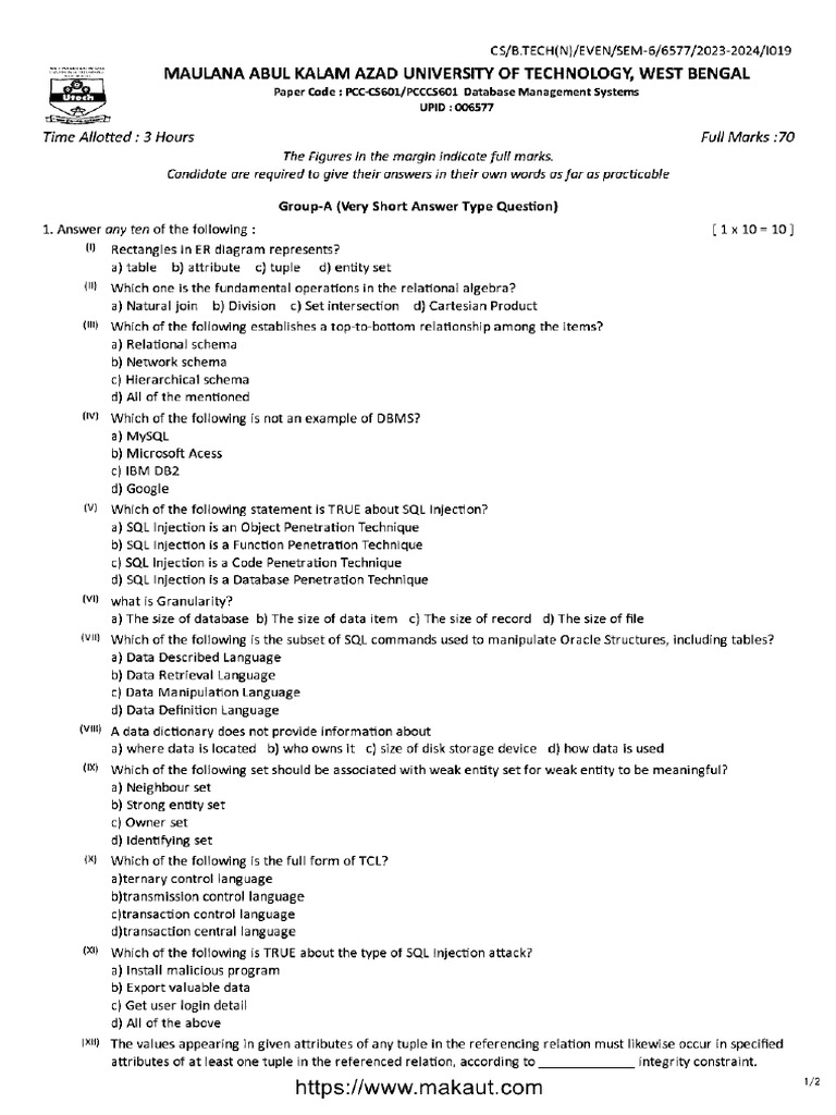 Btech Cse 6 Sem Database Management Systems PCC Cs601 2024 | PDF