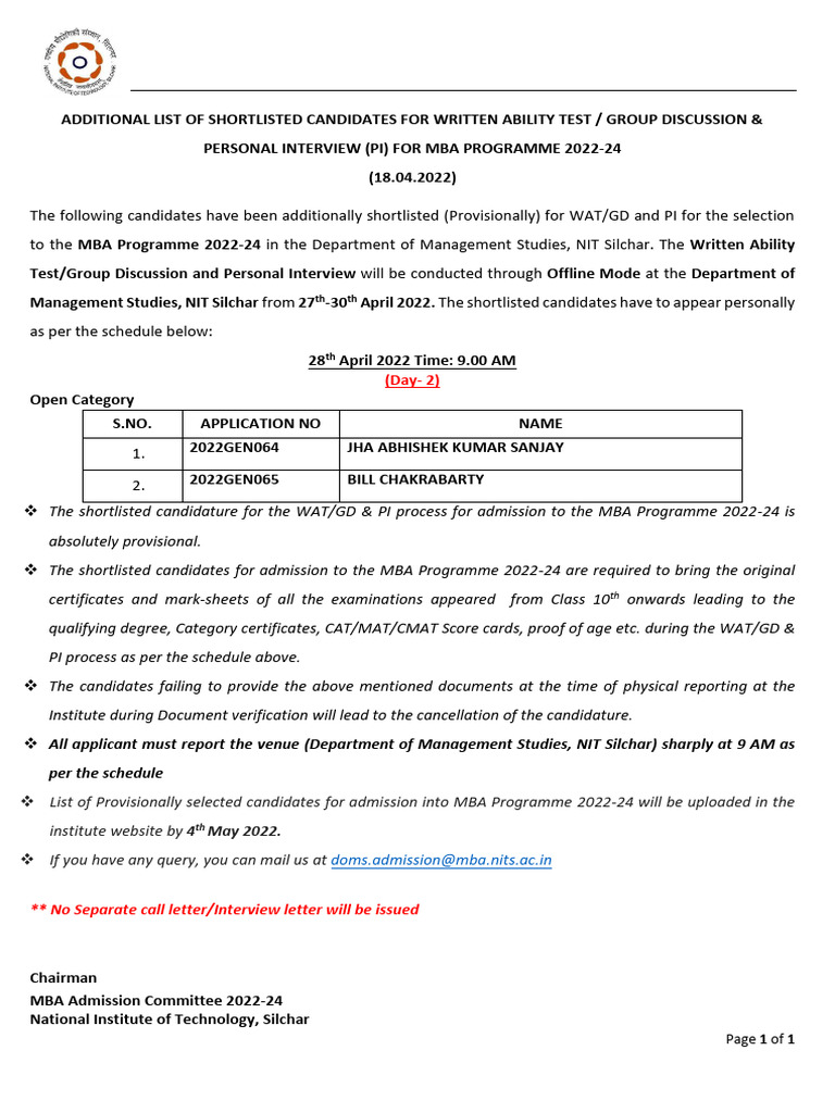 Additional List of Provisionally selected Candidates for WATGD and PI ...