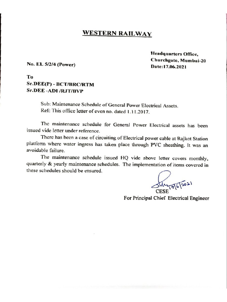 Proforma For Maintenance Schedule of General Power Electrical Assets. | PDF