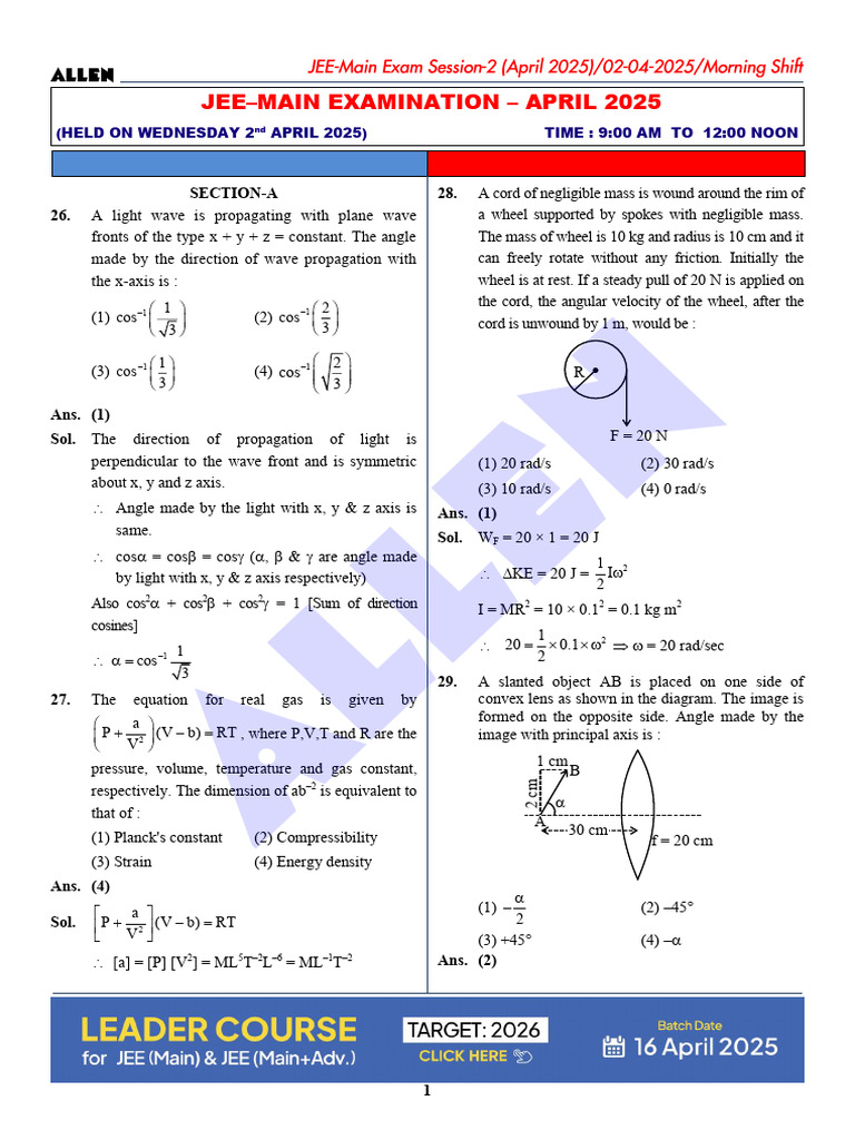 Jee Phy 2025 (April) Single PDF Provisional | PDF | Electron | Waves