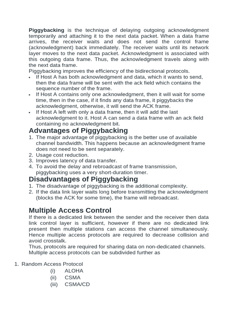 piggybacking, RA, CSMA | PDF | Channel Access Method | Transmission Control Protocol