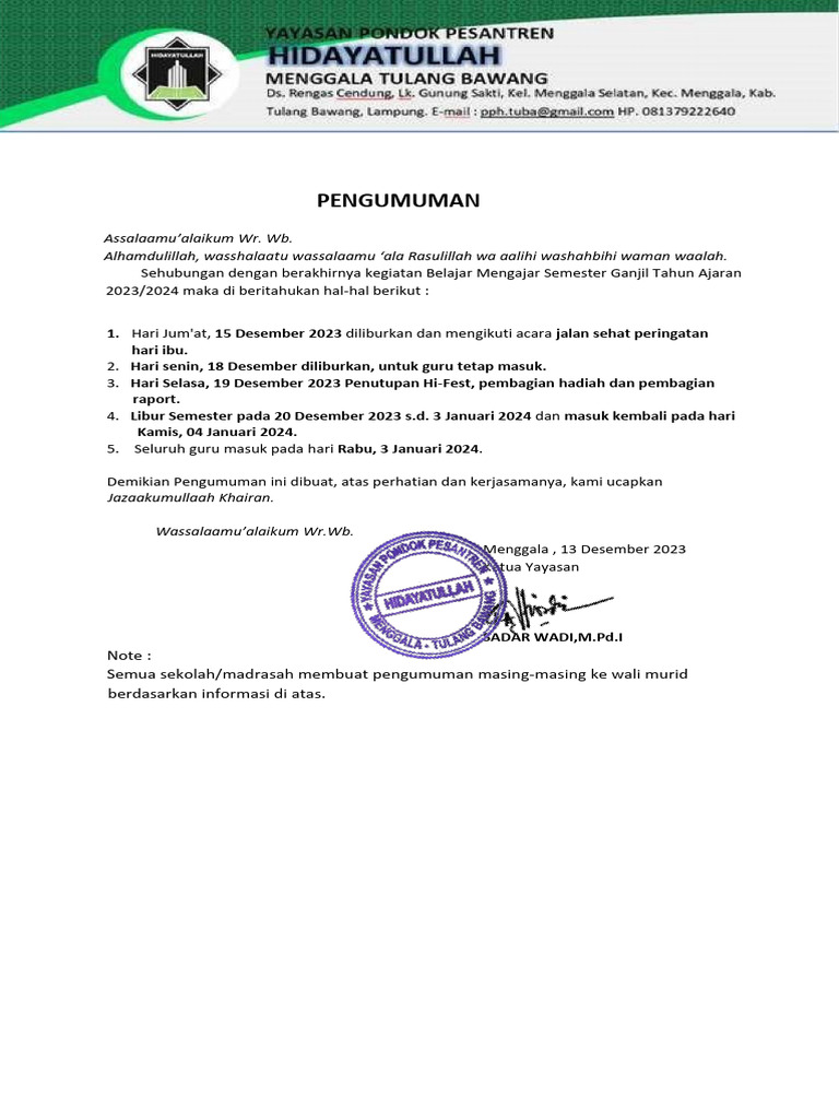 PENGUMUMAN LPIH MENGgala Study Tour | PDF