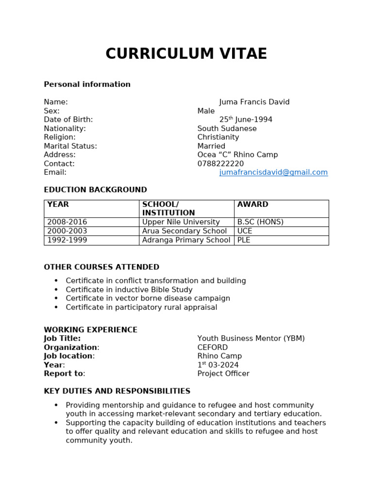 Juma Francis David's CV and Experience | PDF | Mental Health | Psychosocial