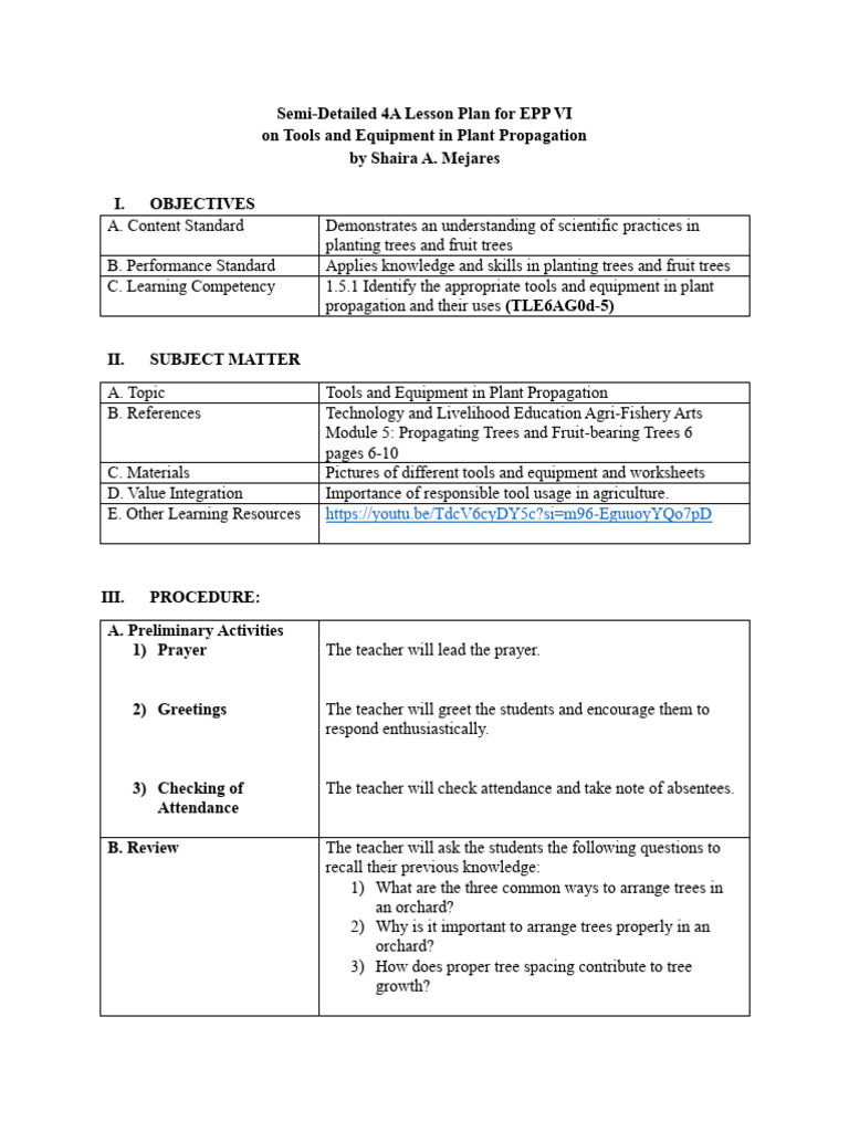 Semi-Detailed 4a Lesson Plan in Epp 6 | PDF | Trees | Teachers