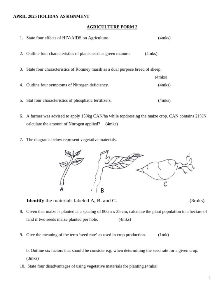 Agriculture Form 2 Holiday Assignment | PDF | Fertilizer | Agriculture