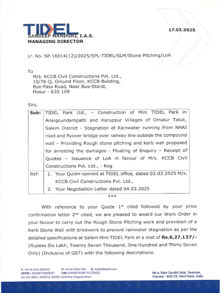 Salem - Providing Rough Stone Pitching and Kerb Wall Work - LoA To ...