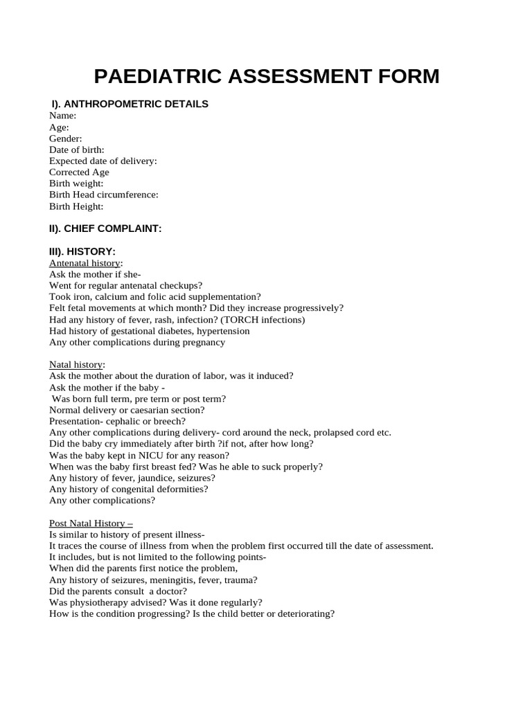 65955570-Paediatric-Assessment-Form (1) | PDF | Childbirth | Prenatal ...