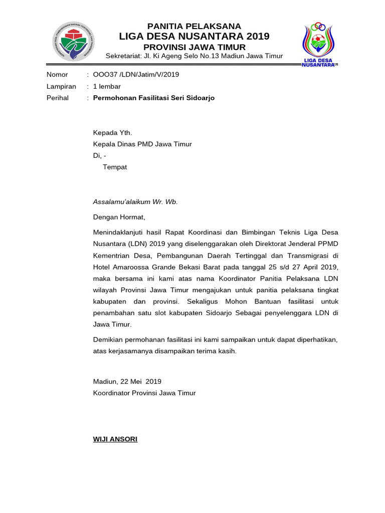 Surat Permohonan Fasilitasi DPMD Jatim Word | PDF