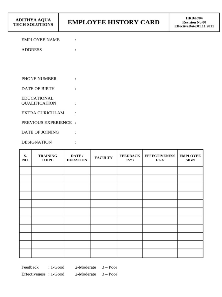 Employee History Card Template | PDF