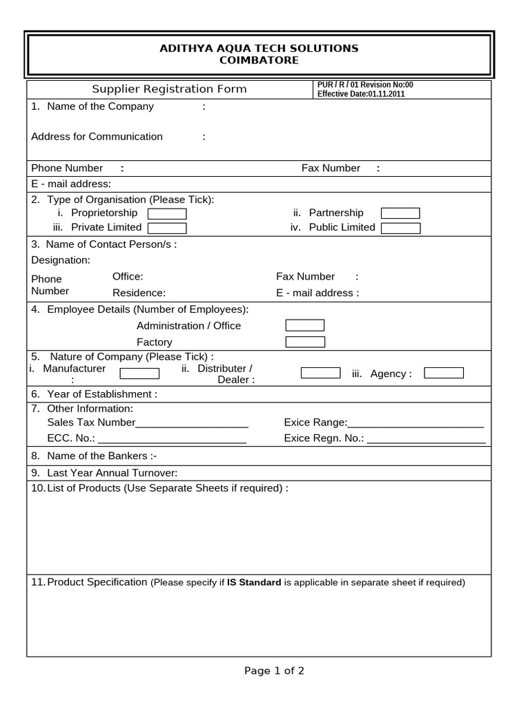 PUR 01- Supplier Registration Form | PDF | Business