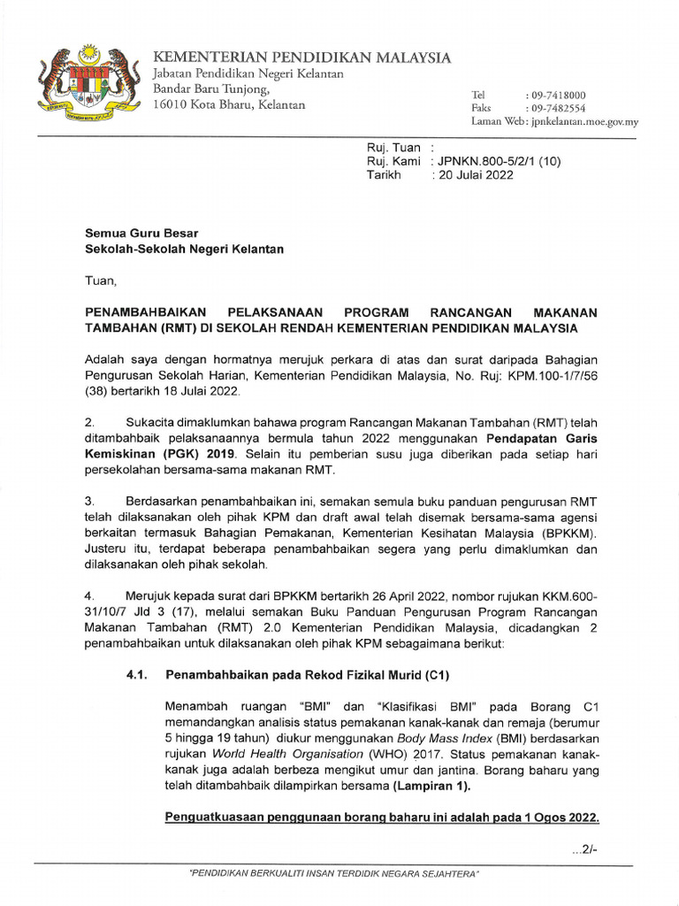 Bil 10. Surat Penambahbaikan Program RMT Di Sekolah | PDF