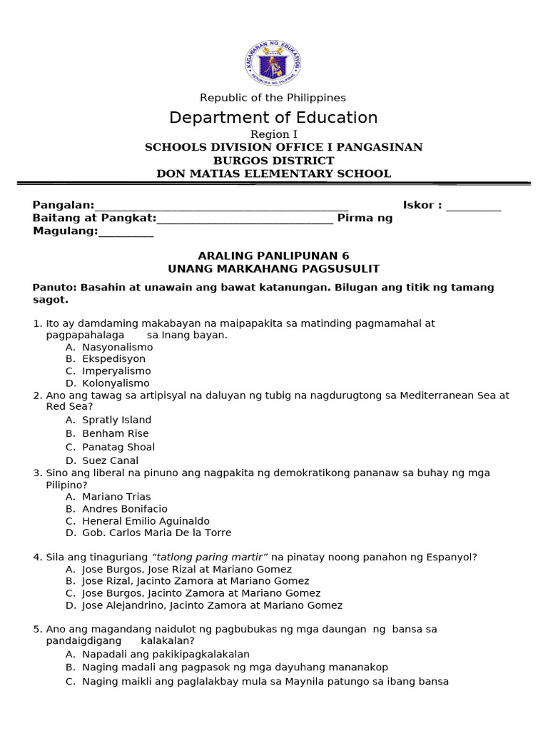 GRADE 6_AP_Q1_TQ | PDF