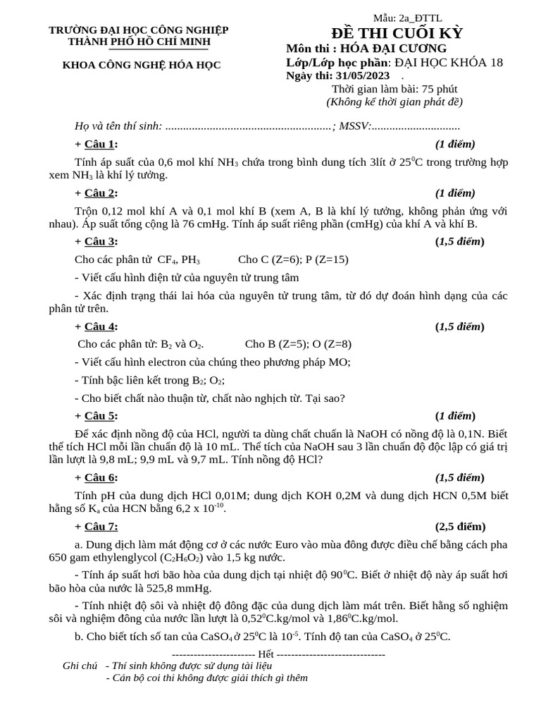 De Thi - Dap An - CK - HDC - HK2 - 2022 - 2023 - Ca 1 | PDF