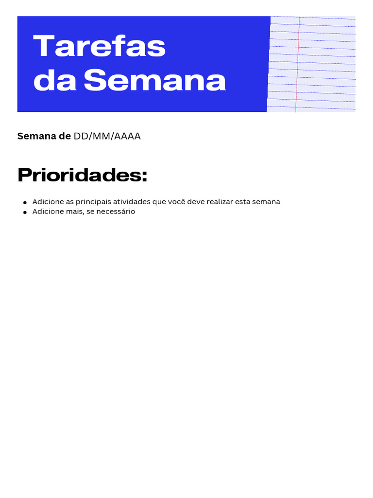Doc de Lista de Tarefas da Semana Estilo Profissional Vibrante Azul Vivo Azul-claro (1) | PDF