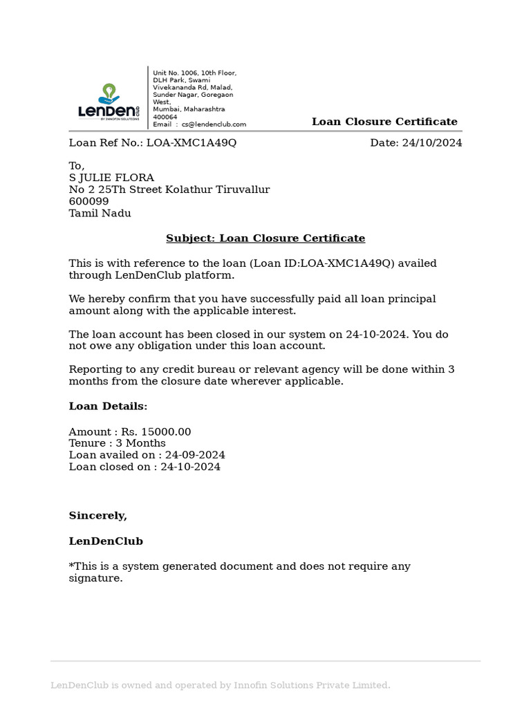 Loan Closure Certificate for S. Julie Flora | PDF