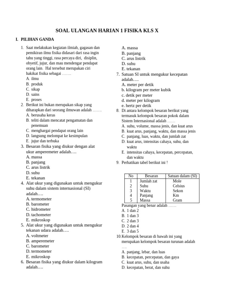 Soal Ulangan Harian 1 Fisika KLS X | PDF