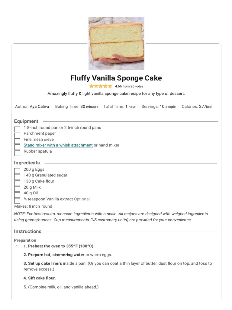 Fluffy Vanilla Sponge Cake Recipe | PDF | Cakes | Fat