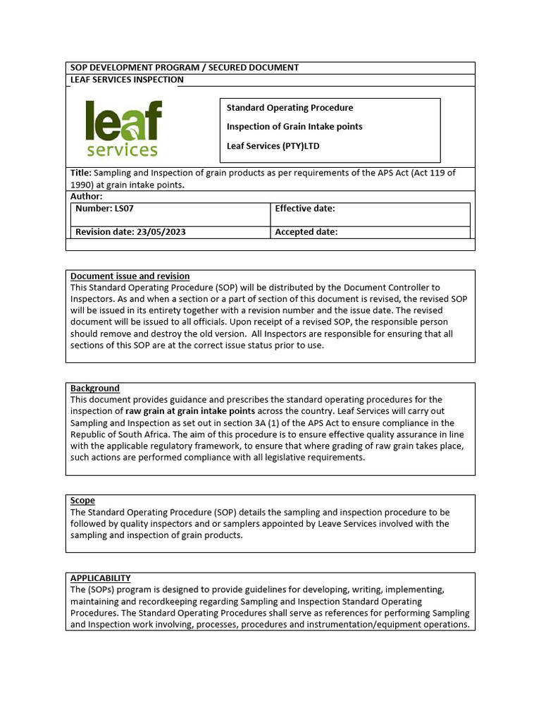 SOP LS07 Grain Intake Points | PDF | Regulatory Compliance