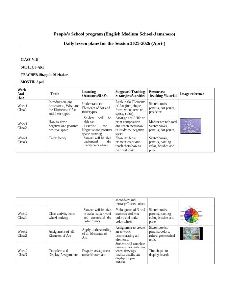 Class 8 Lesson Plane Mid Term 2025 | PDF | Drawing | Color
